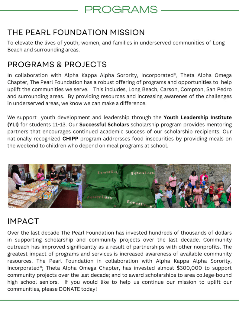 Programs – The Pearl Foundation, Inc. | Long Beach, California